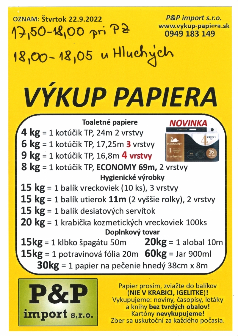 Zber - výkup papiera v obci Rudník dňa 22.09.2022 | Obec Rudník